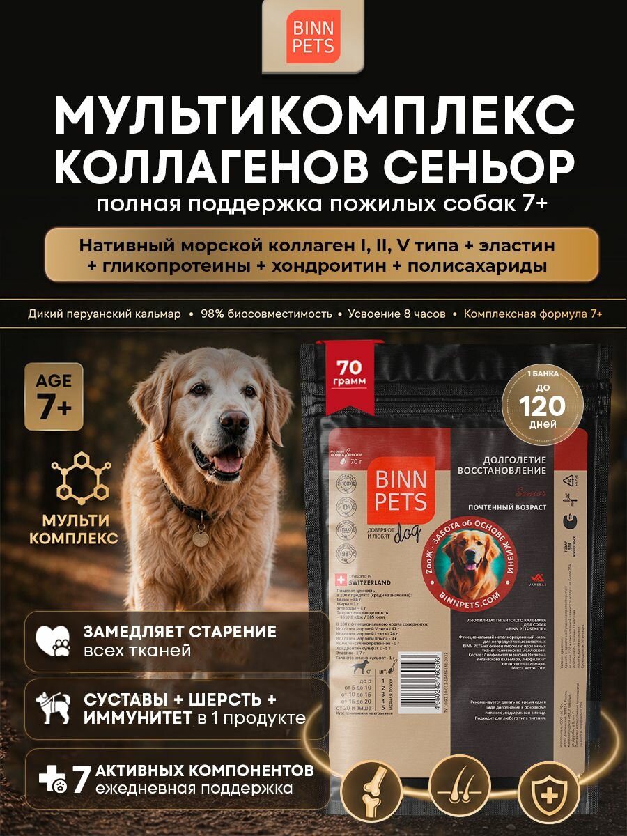Натуральный морской коллаген для пожилых собак BINN PETS Sinior поддержка суставов, связок и иммунитета. Замедление старения и восстановление активности в пакете 70 грамм