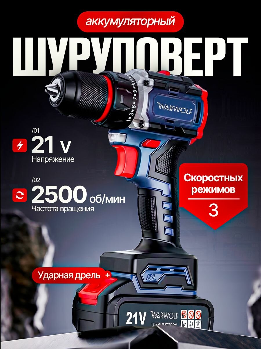 Бесщеточная Ударная Дрель Шуруповерт 21 В / Многофункциональный для сверления, закручивания , 2 АКБ.