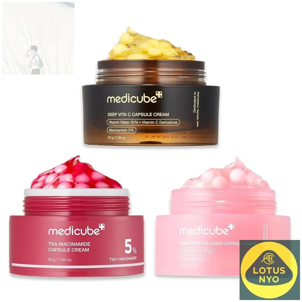 Medicube Trio: TXA + Ниацинамид, Глубокий Витамин C, Крем-капсула с ДНК лосося PDRN Увлажняющий и осветляющий набор корейской косметики для сияющей, упругой и сбалансированной кожи
