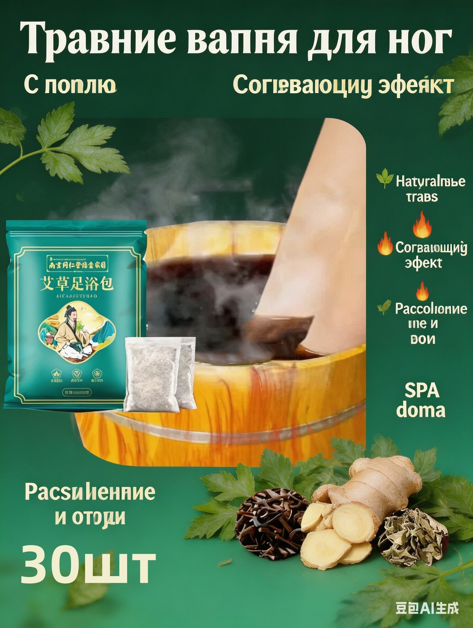 Мешочки для ванны ног с полынью, травяные пакеты 30 шт, согревающий эффект, расслабление и уход за стопами, для домашнего SPA и сна