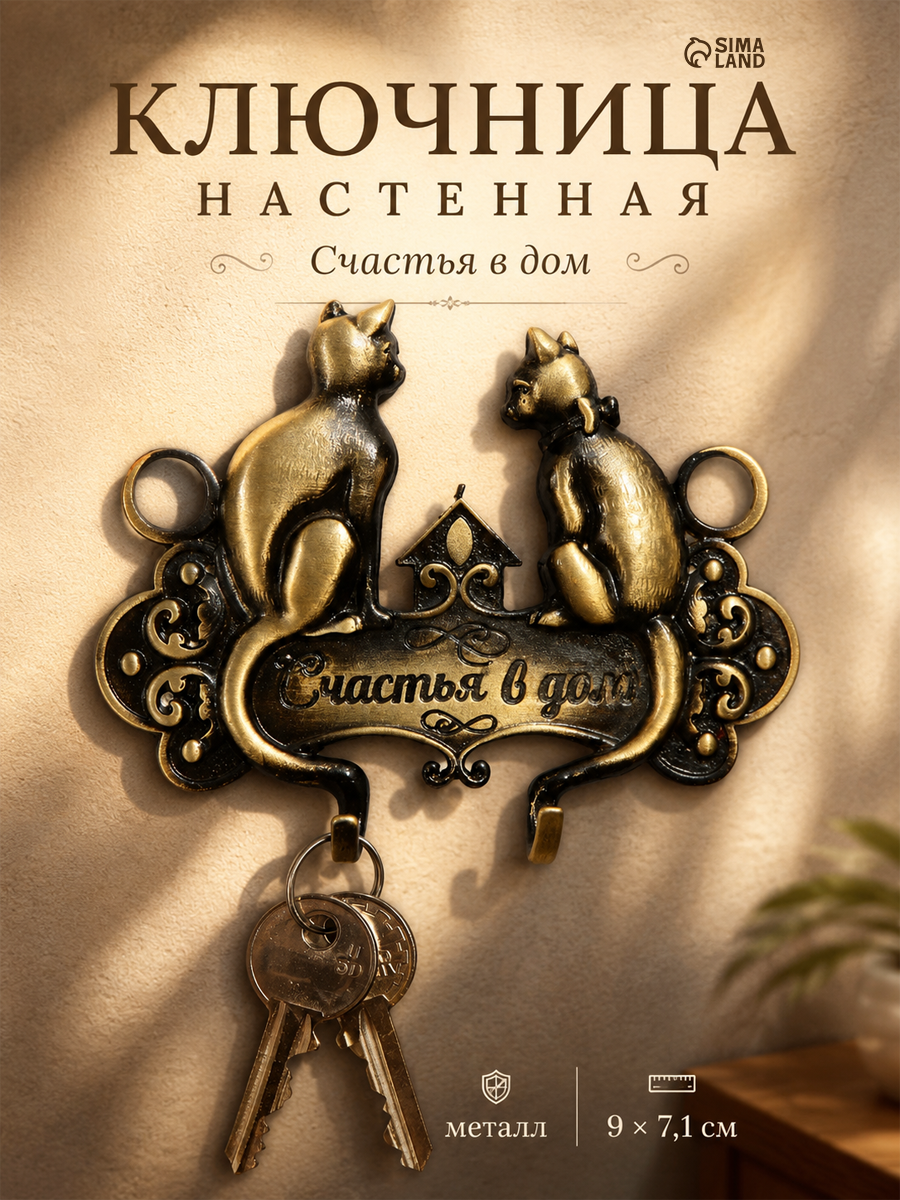 Ключница настенная металлическая, «Счастья в дом», 9 х 7,1 см, 2 крючка