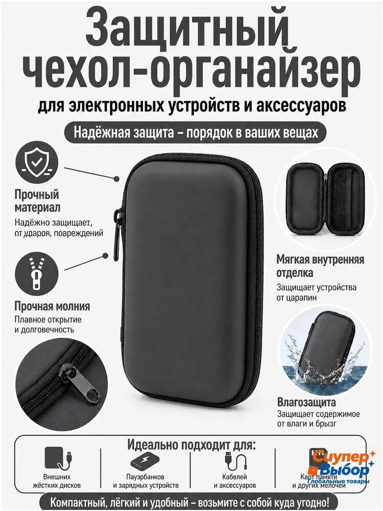Чехол-органайзер для аксессуаров, кабелей и гаджетов, компактный защитный кейс