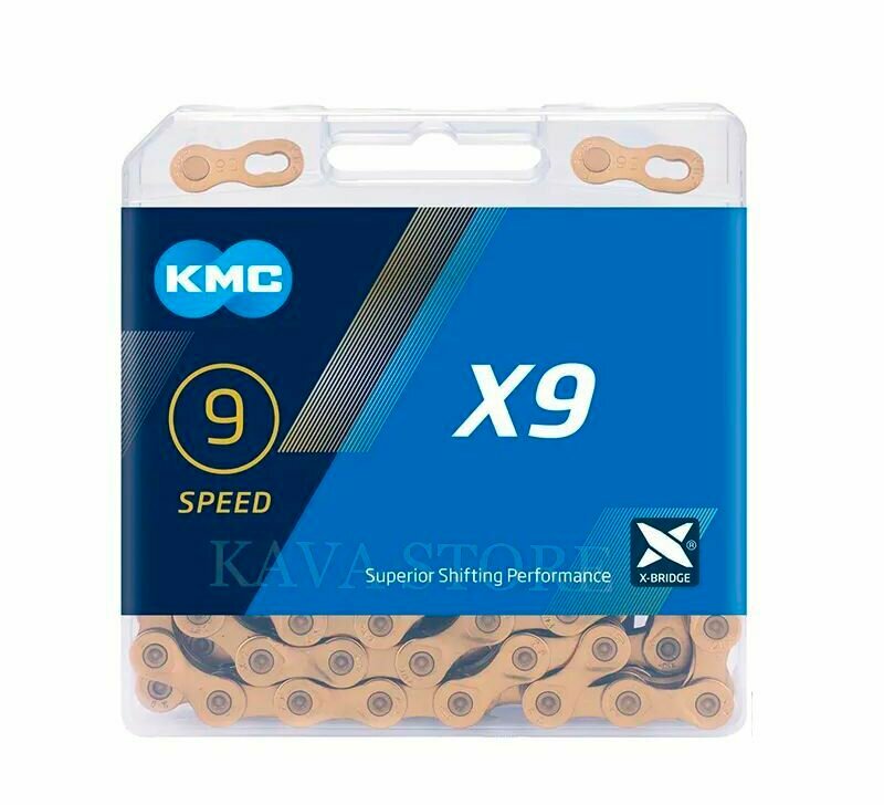 Цепь велосипедная 9 скоростей KMC X9 Ti-N Gold 114 звеньев, с замком, X Bridge, покрытие нитрид титана, золотистая
