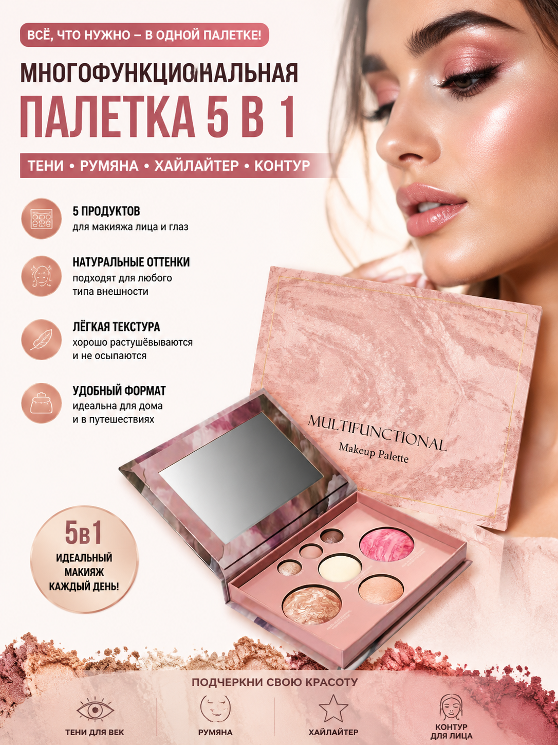 Универсальная косметичка, тени для век, макияж, румяна, глянцевый, увлажняющий, для ежедневного использования