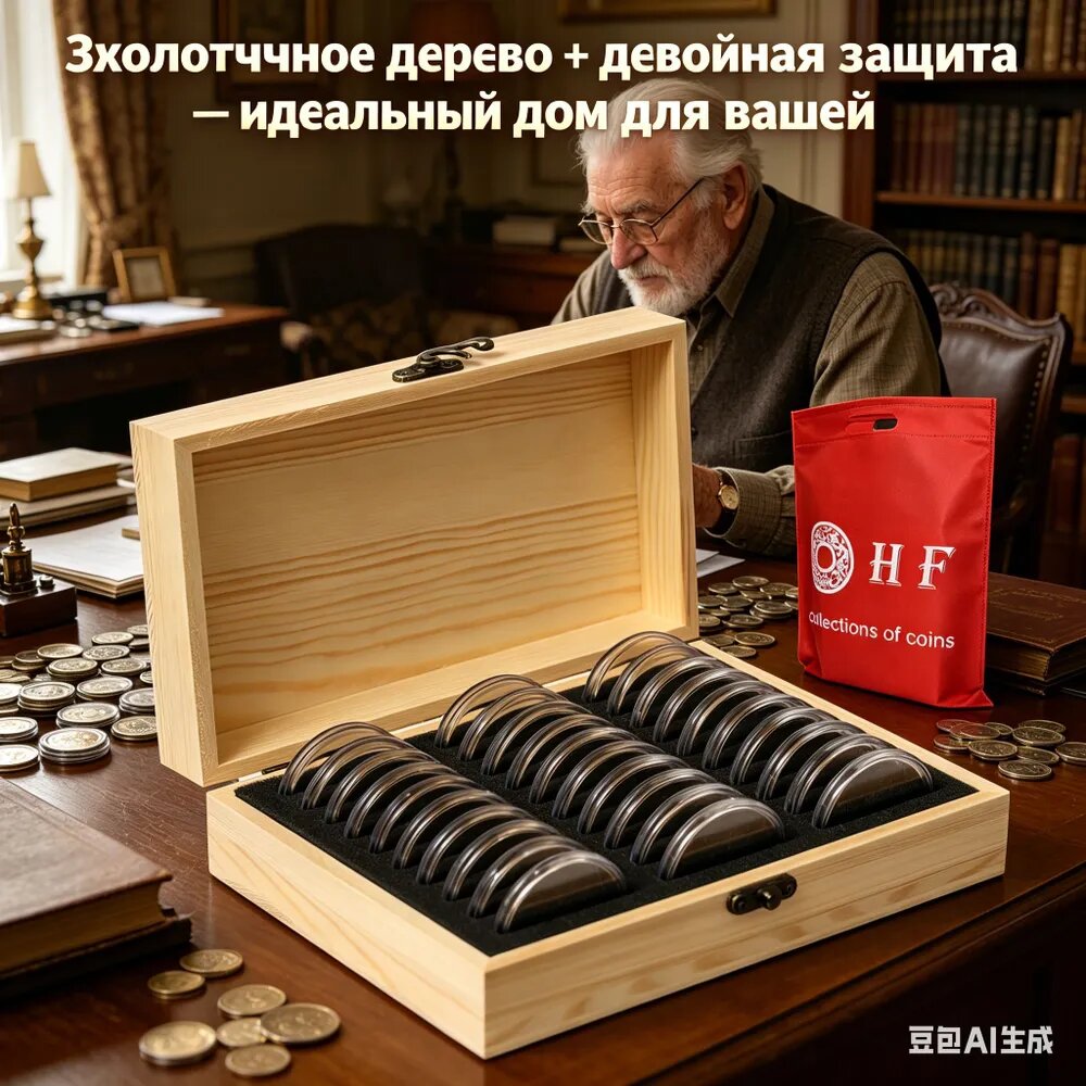 Шкатулка для монет, в комплект входит 30 круглых коробочек и 30 регулируемых внутренних накладок, подходящих для монет диаметром 12-46мм,21x16x6cm