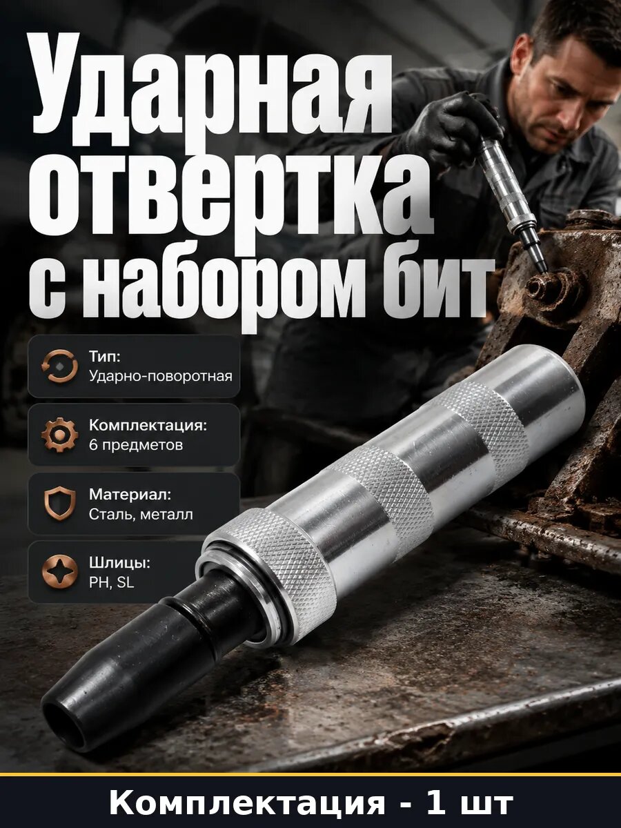 Отвертка поворотная ударная с набором бит PH и SL 6 шт