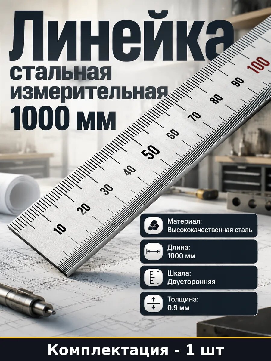 Измерительная линейка 1 метр стальная двухсторонняя 1000 мм
