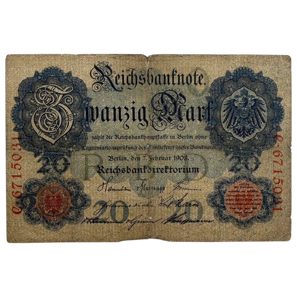 Германская империя (Германия) 20 марок 1908 г. (Литера O) (Серия C)