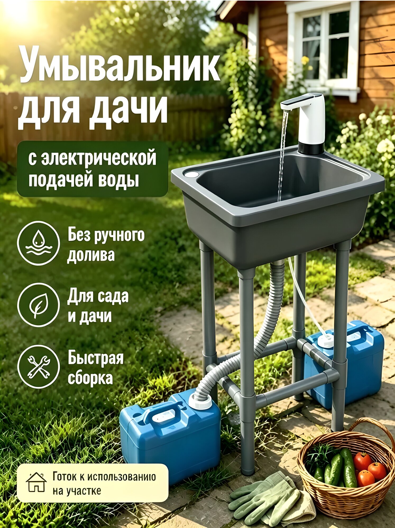 Раковина из утолщенного пластика, с полкой, с электрическим водяным насосом