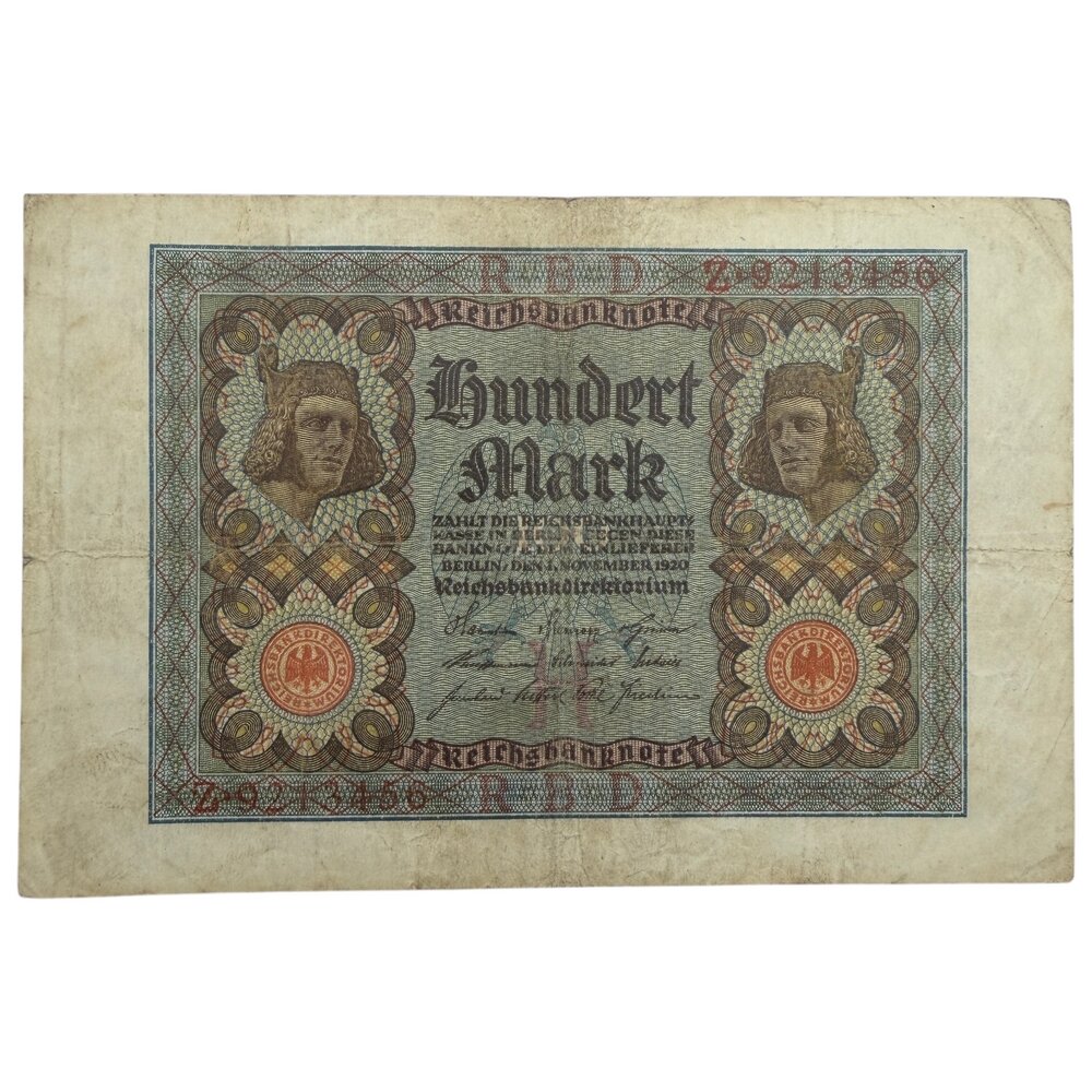 Веймарская республика (Германия) 100 марок 1920 г. (Литера H) (Серия Z) (7-значный номер)