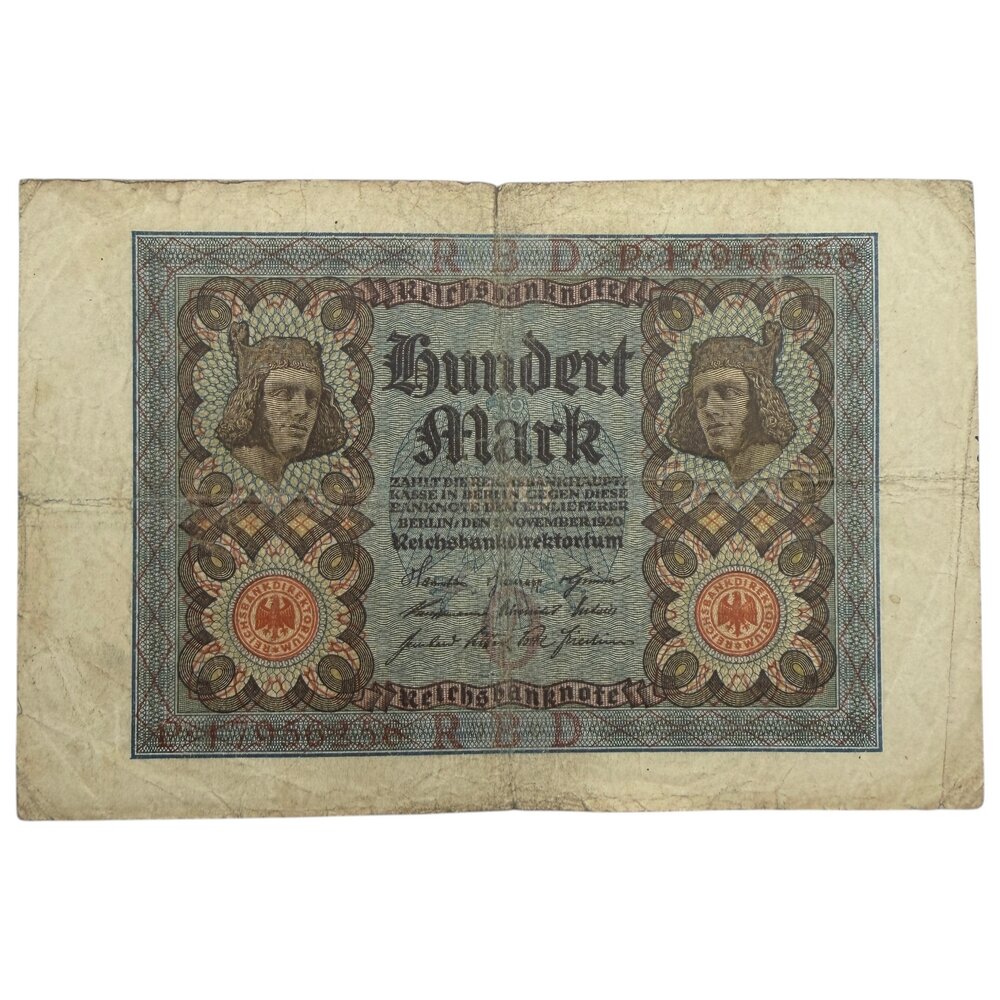 Веймарская республика (Германия) 100 марок 1920 г. (Литера O) (Серия P) (8-значный номер)