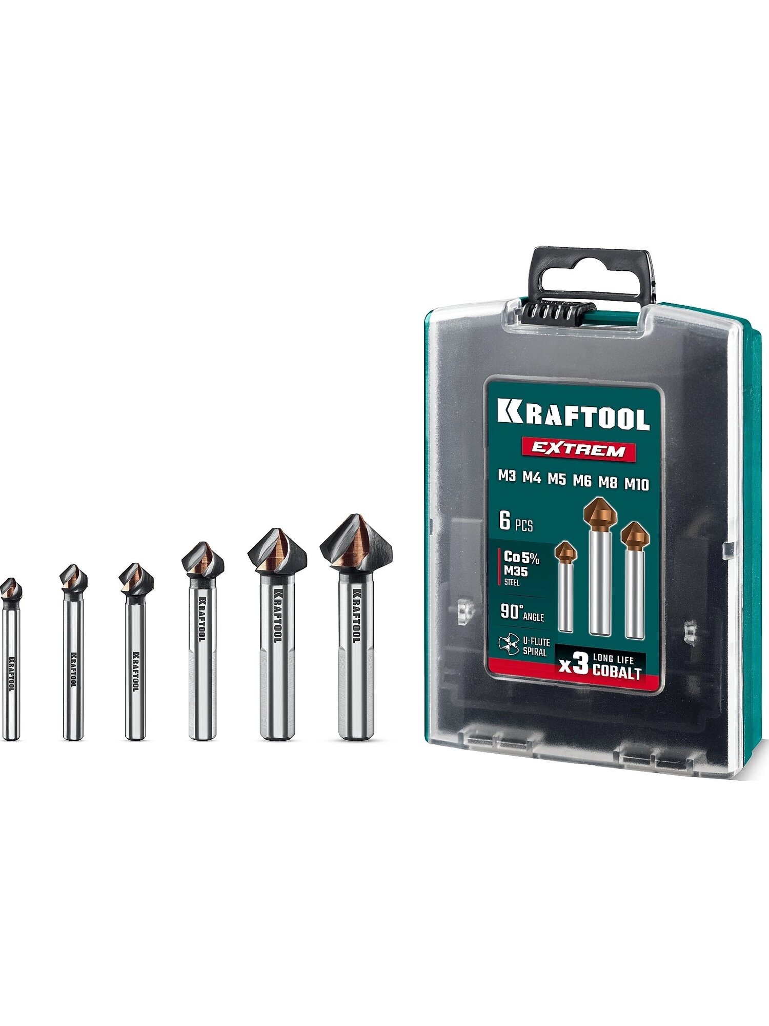 Набор зенкеров KRAFTOOL EXTREME Со5-А, 6 шт (М3-М10), сталь M35, U-образная спираль