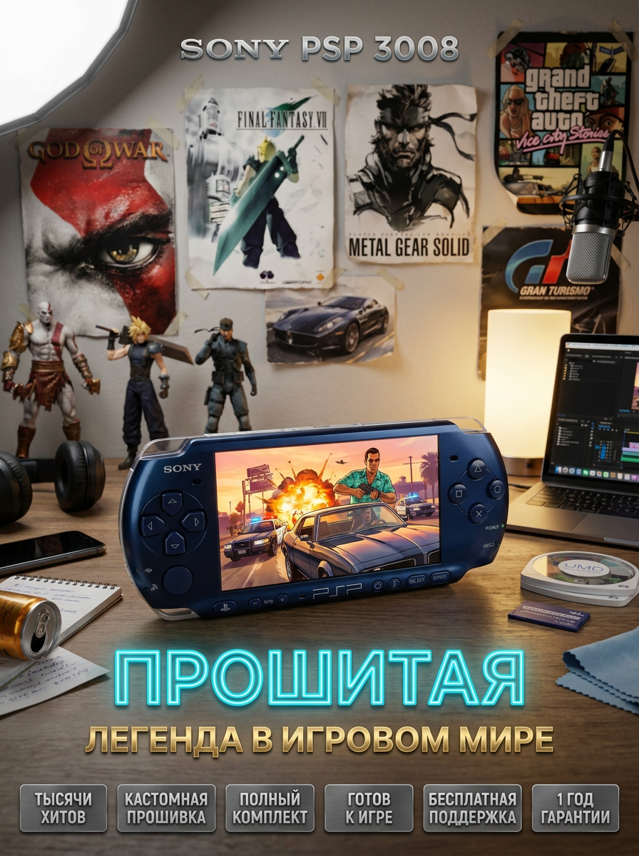 Новая игровая приставка Sony PSP 3008 Slim Blue 64Gb 3000+ ИГР