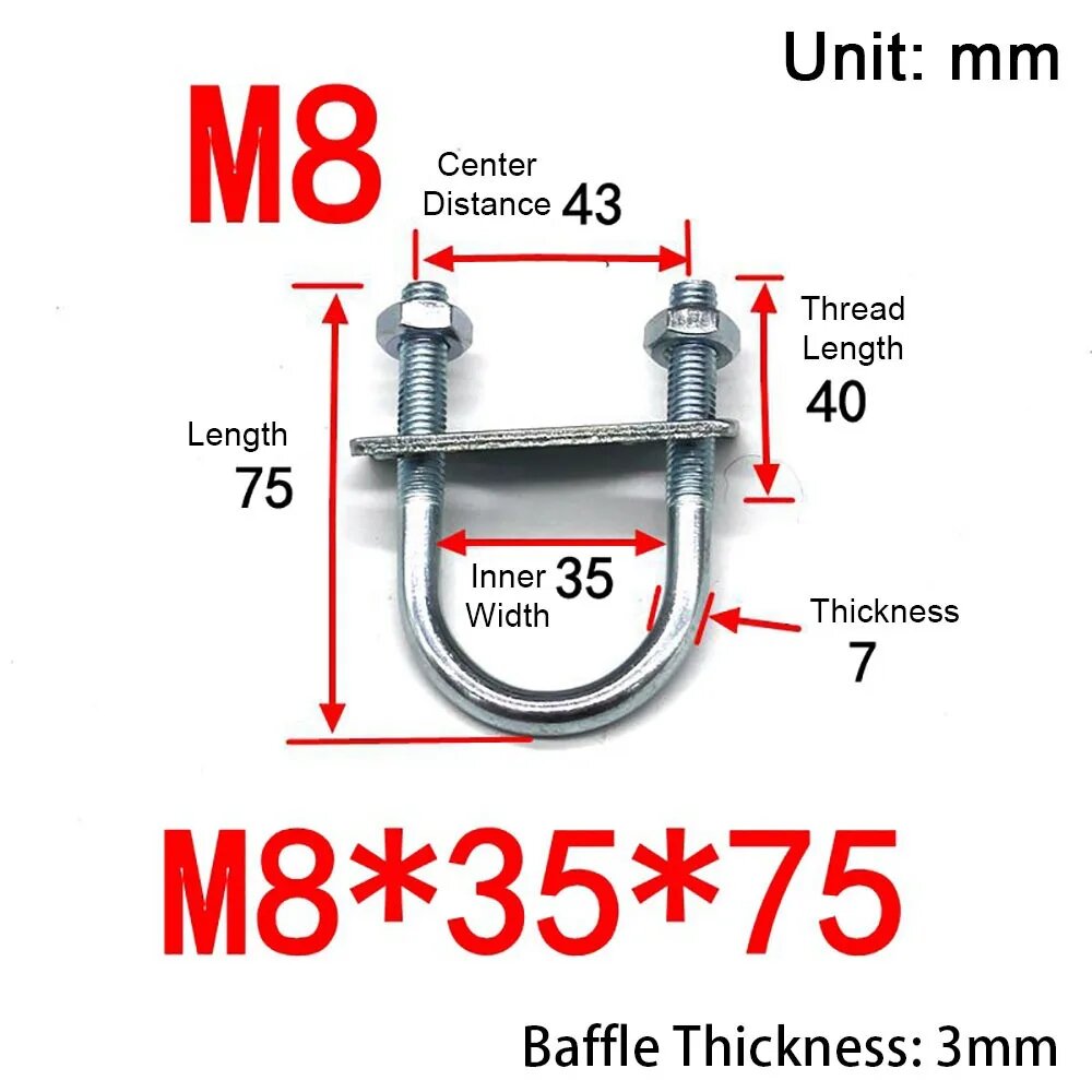 Хомут M8x35x75mm, Q235, для труб