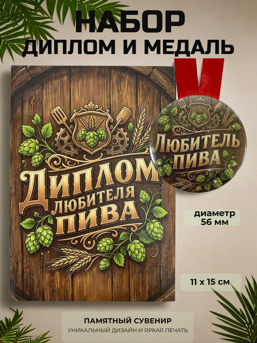 Шуточный диплом открытка "Любителя пива" и сувенирная медаль с атласной лентой, набор