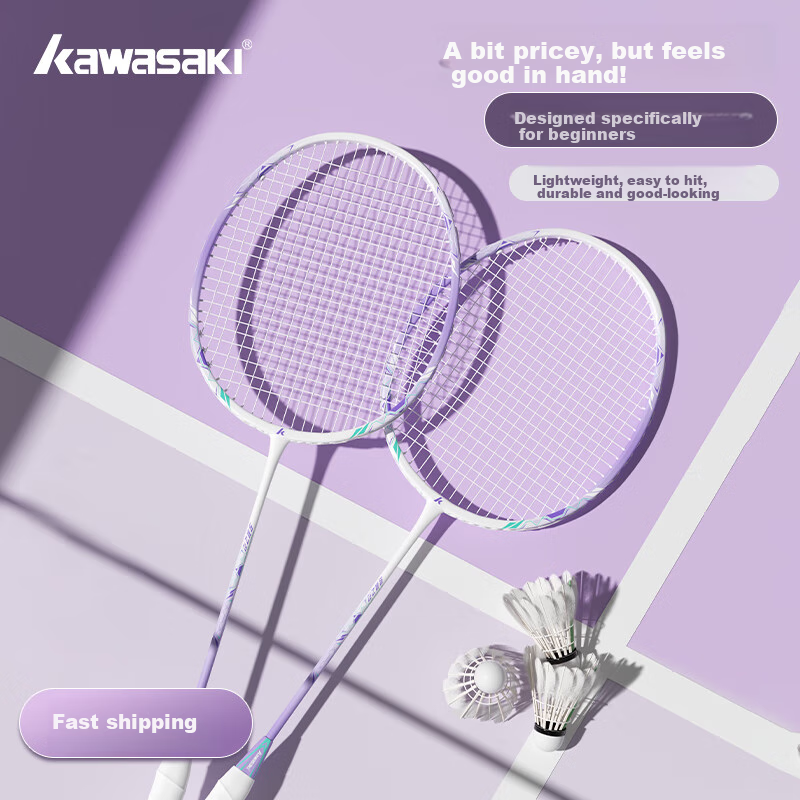 Kawasaki Badminton Racket Set for Training and Competition Beginners Students Double Racket Bow and Arrow Blade White Purple (Pre-strung)