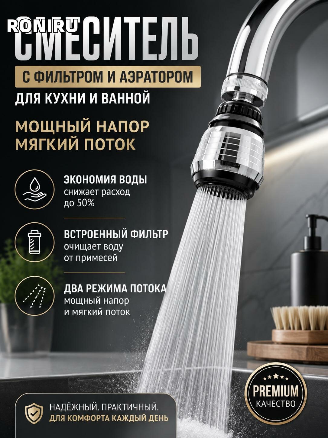 Смеситель с водосберегающим фильтром и аэратором для кухни и ванной — мощный напор, мягкий поток, экономия воды