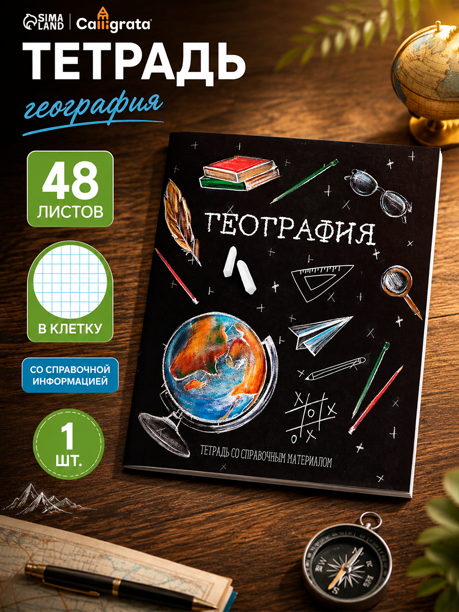 Тетрадь предметная 48 листов в клетку, Calligrata «Доска. География», обложка мелованный картон