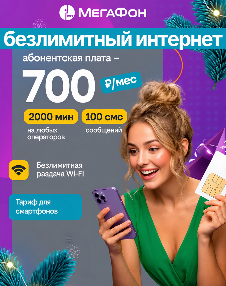 МегаФон SIM-карта 700р. мес. безлимитный интернет + 2000 минут + 100 СМС