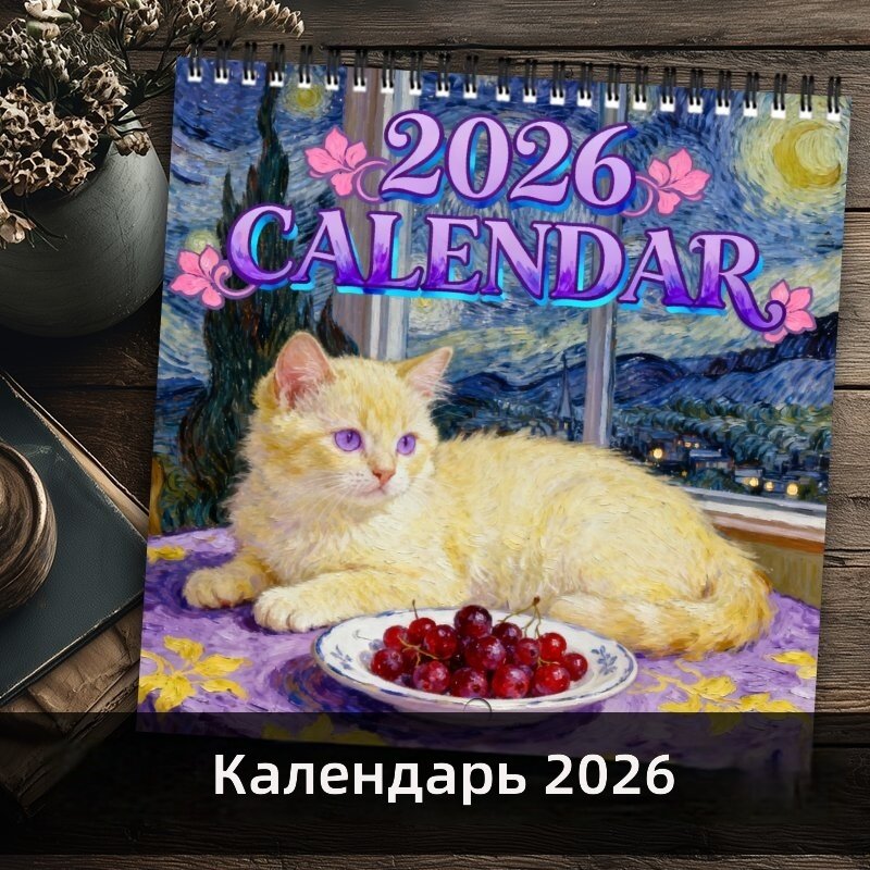 Календарь настенный на 2026 год в стиле "Звездная ночь" Ван Гога с кошками, 12 месяцев, спиральный переплет, толстая медная бумага, январь-декабрь 2026, планинг для дома и офиса, подарок на Рождество