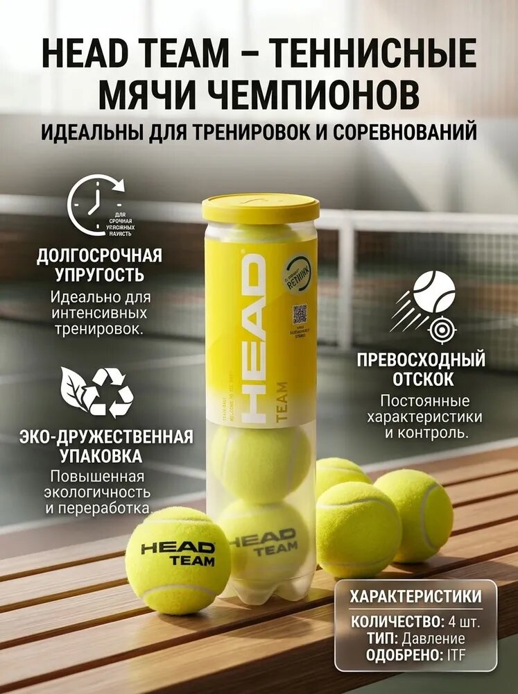 Теннисные мячи HEAD TEAM для тренировки и соревнований, 4 шт, жёлтые, базовая коллекция, произведены в Китае