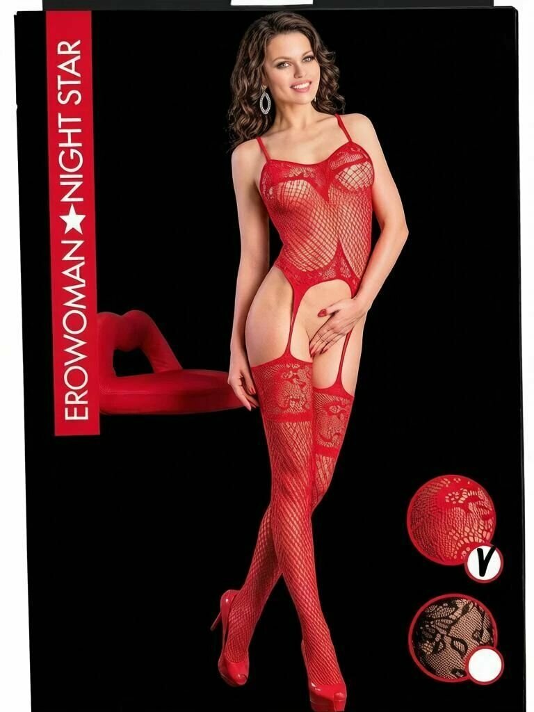 Комбинезон Erowoman S-L, V-образный ворот, чулки, 100% нейлон, красная сетка
