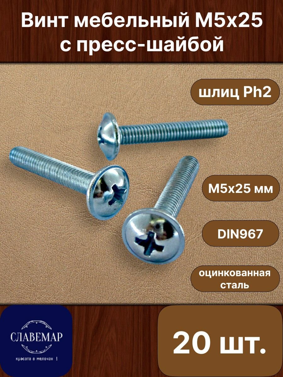 Винт оцинкованный с полукруглой головкой М5х25 мм, DIN967 (20 штук) крепеж метизы
