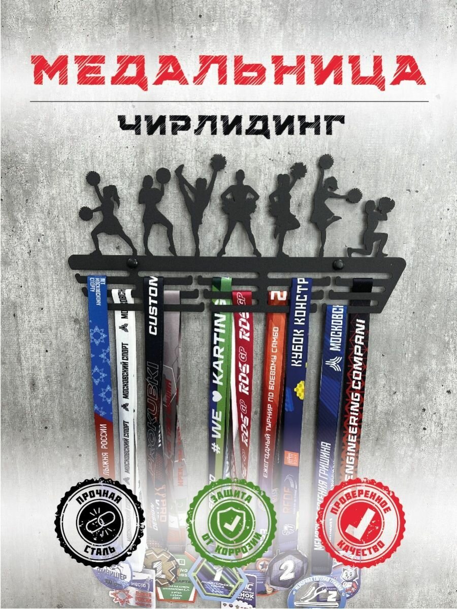 Медальница PROKUBKI "Чирлидинг", металлическая, настенная, длина 43см, чёрная