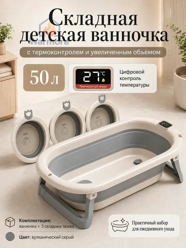 Складная детская ванночка с термоконтролем и увеличенным объёмом