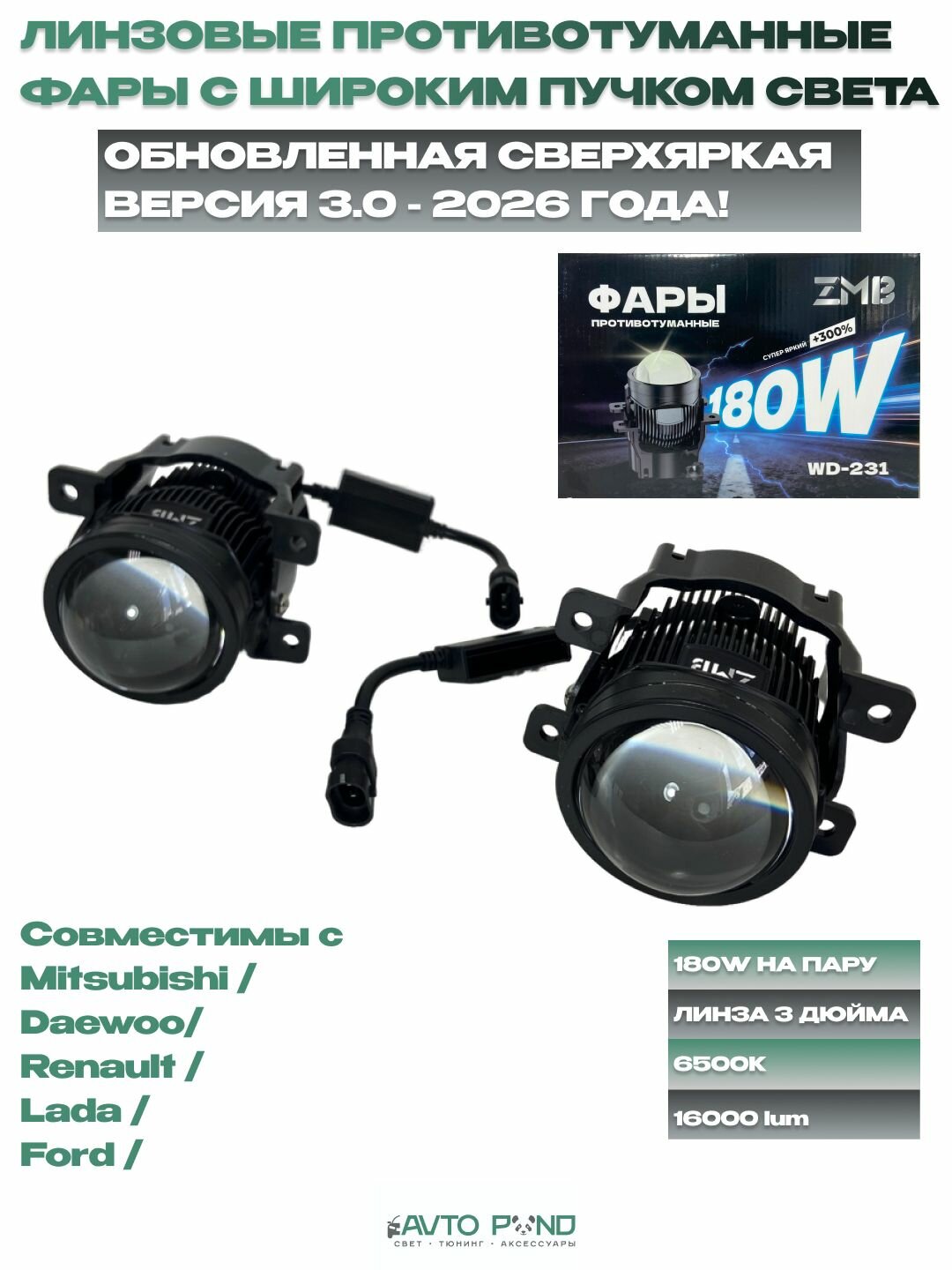 Лазерные линзовые противотуманные фары ZMB LED лед обновленные 180W совместимы с LADA GRANTA VESTA FORD RENAULT MITSUBI