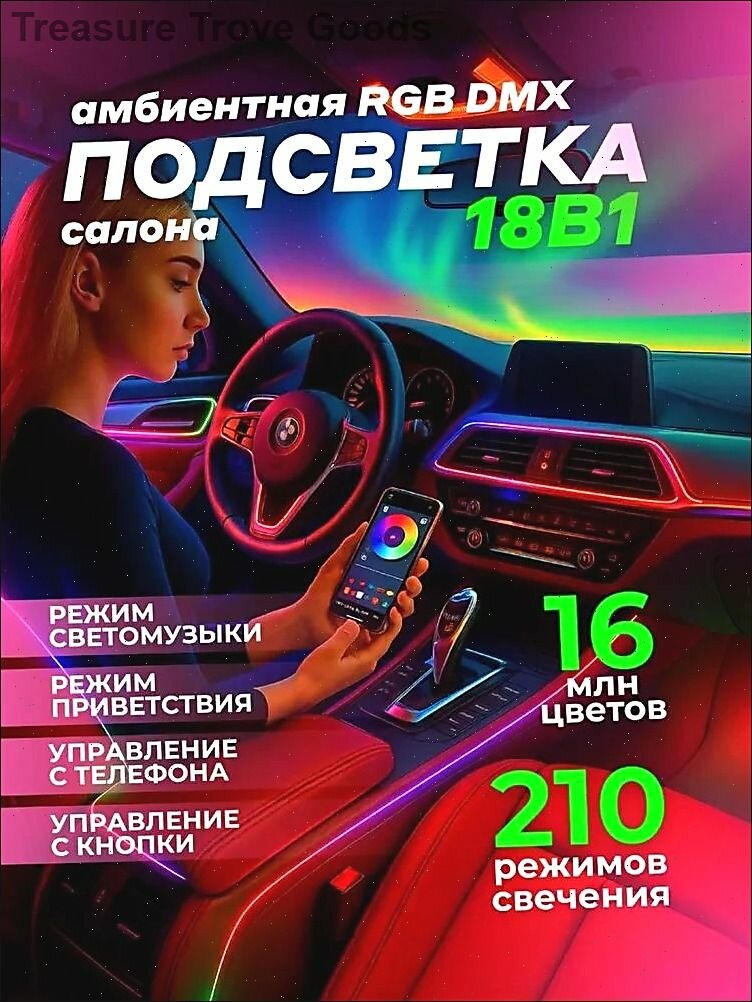 Амбиентная подсветка в салон авто RGB DMX 18в1 темные ленты