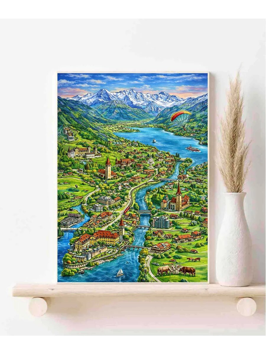 Интерлакен, Швейцария, Fantasy Map, Карта, Плакат 30x42см