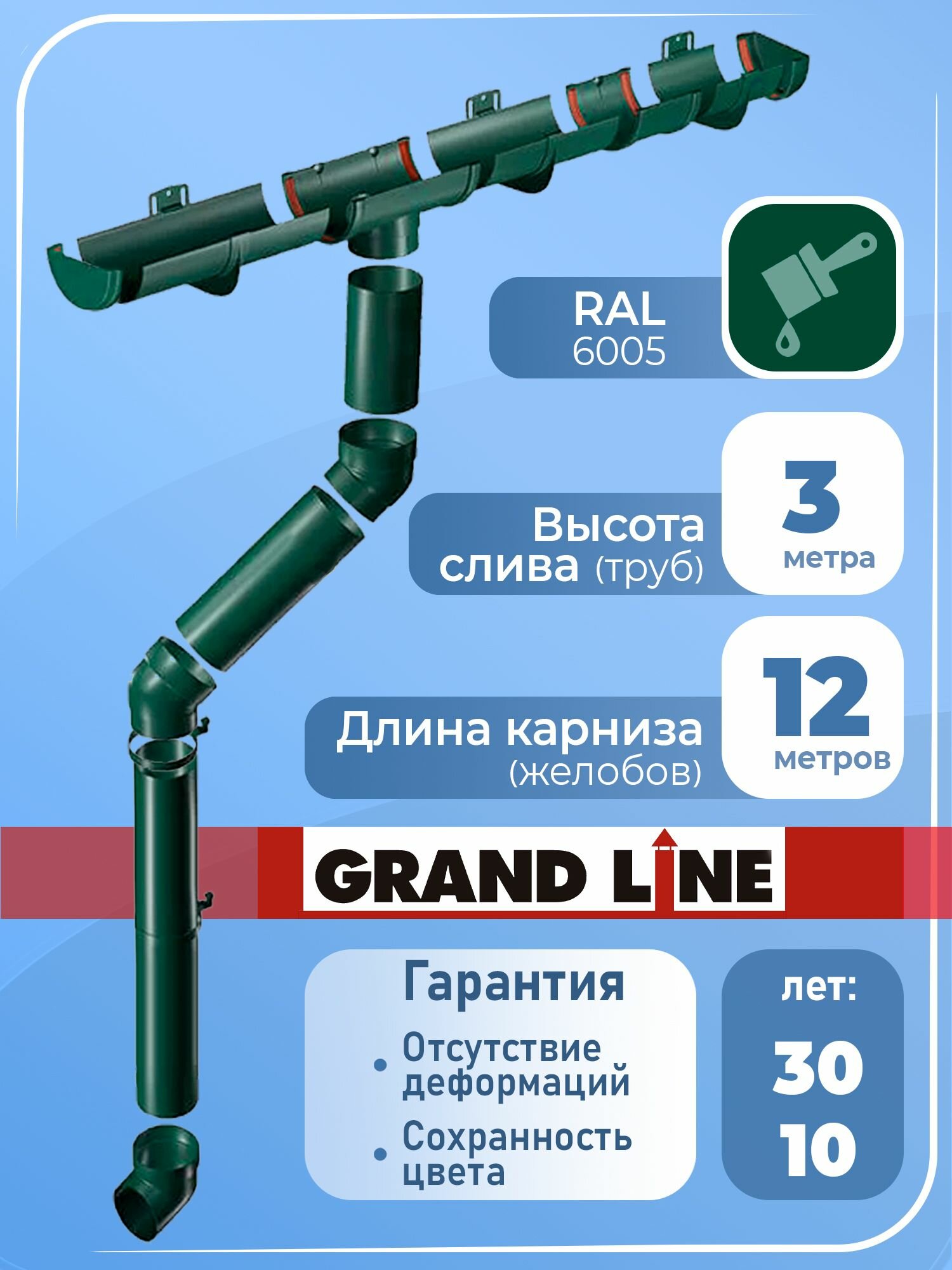 Grand Line Водосточная система (длина 12 м /высота 3 м/ 1 слив ) RAL 6005 зеленый 1 слив мох , водосток для крыши пластиковый Гранд Лайн (120 мм/ 90 мм) комплект элементов ПВХ