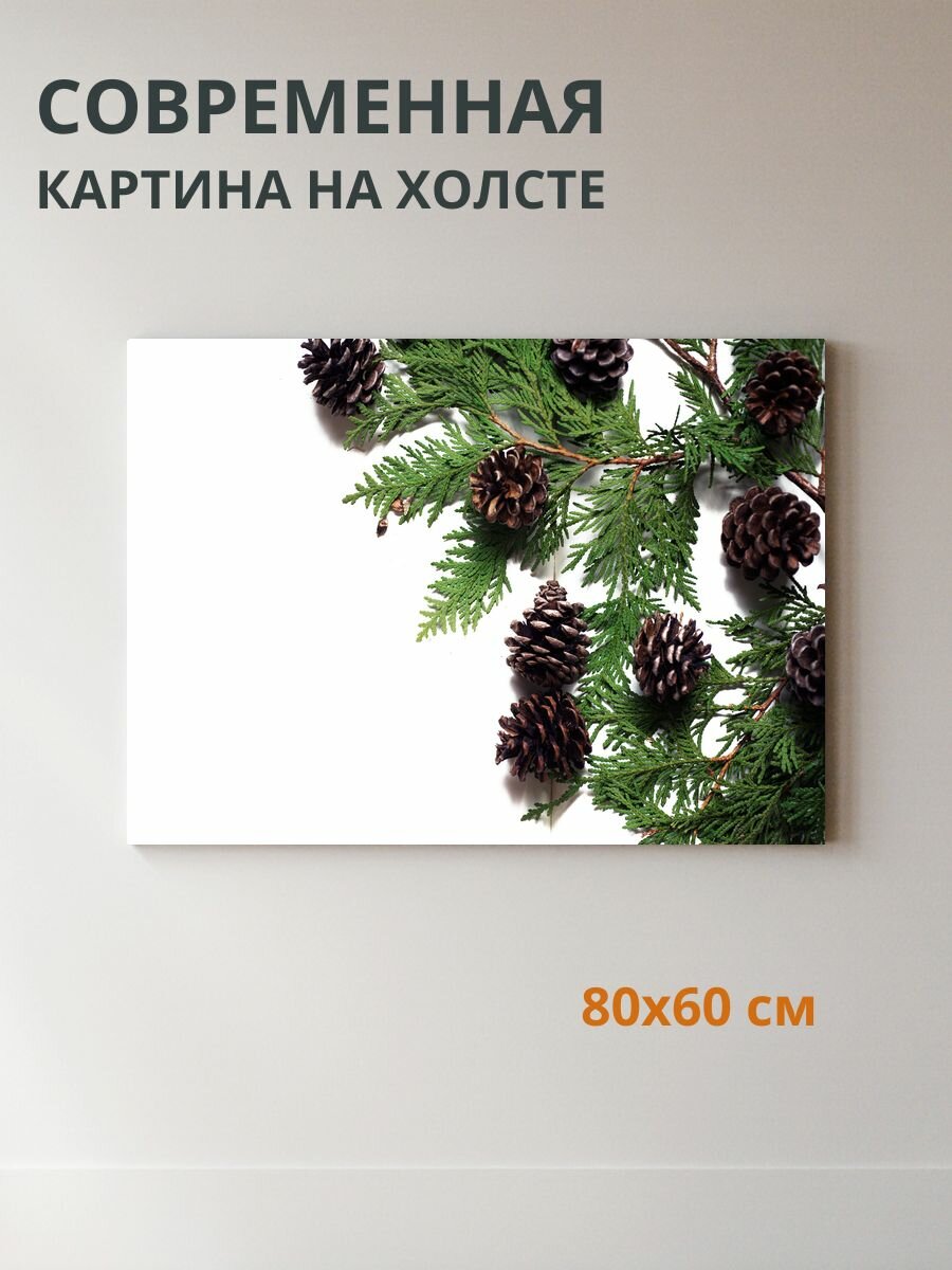 Картина на холсте Шишки и хвоя на фоне 80x60 см