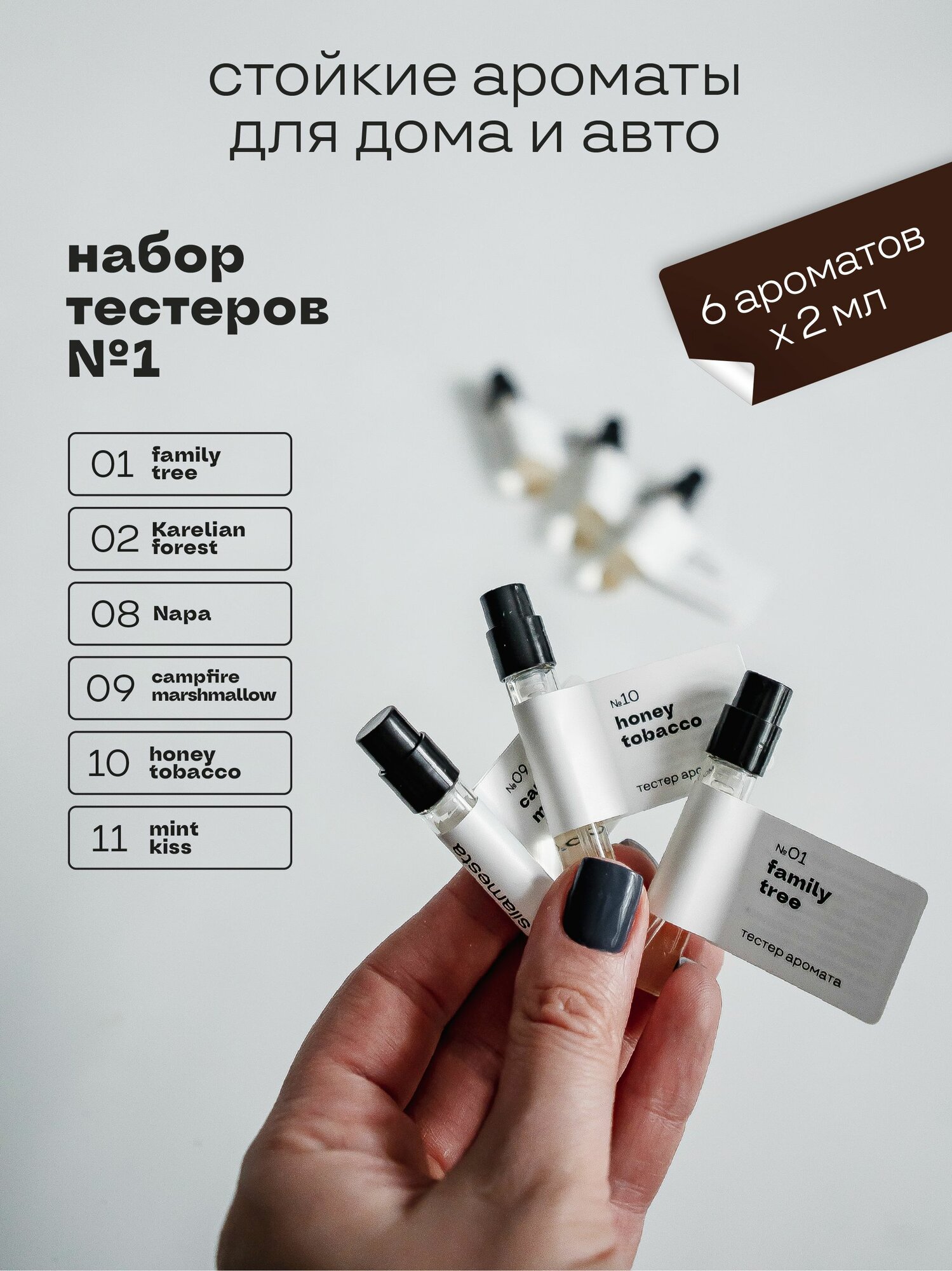 Набор тестеров ароматов №1 для дома и автомобиля / 6 штук по 2 мл / интерьерный парфюм, спрей, 12 мл освежитель воздуха автоароматизатор парфюмерные пробники