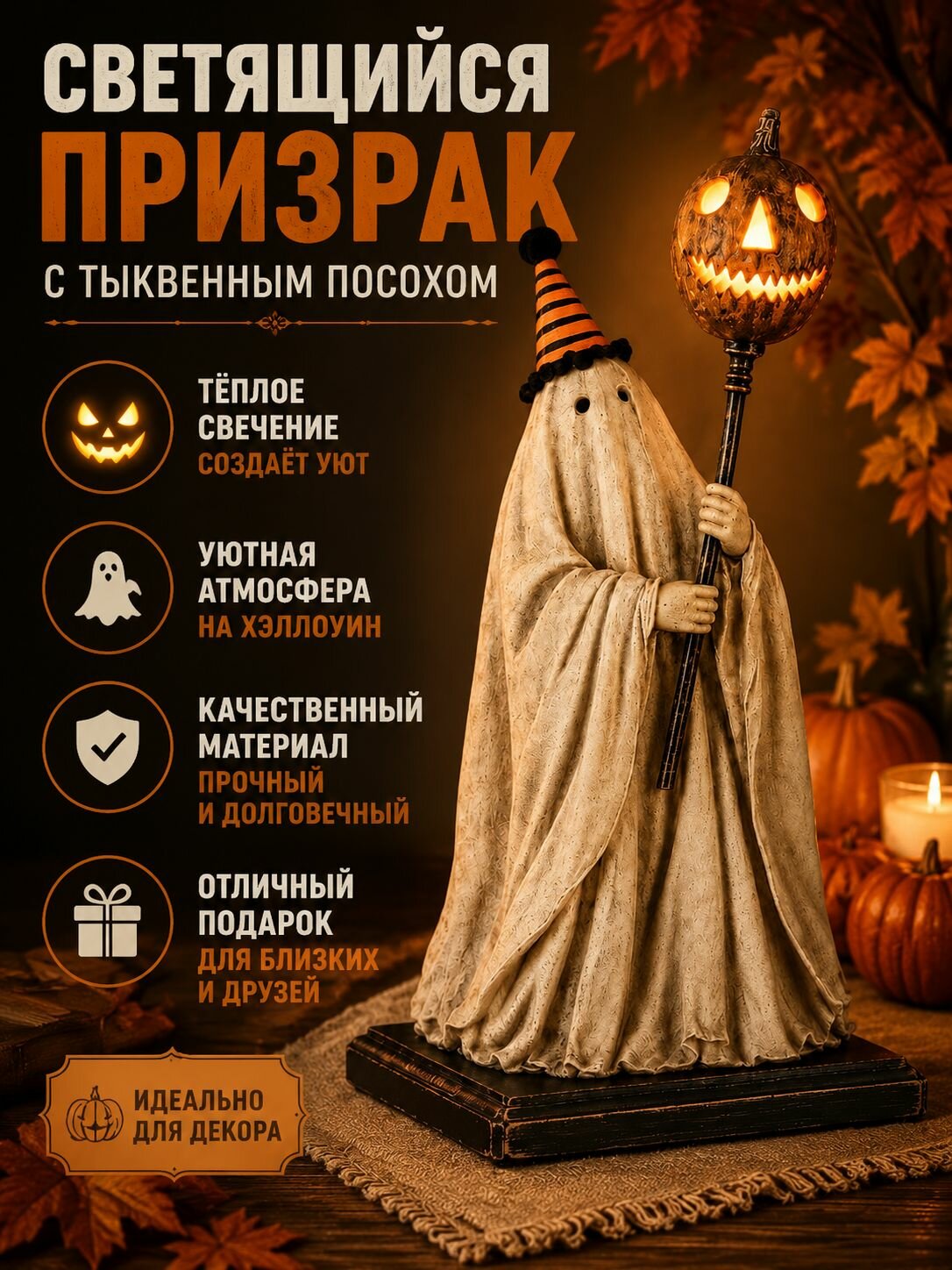 Статуэтка призрак с подсветкой и тыквой, украшение интерьера Хэллоуин, подарок