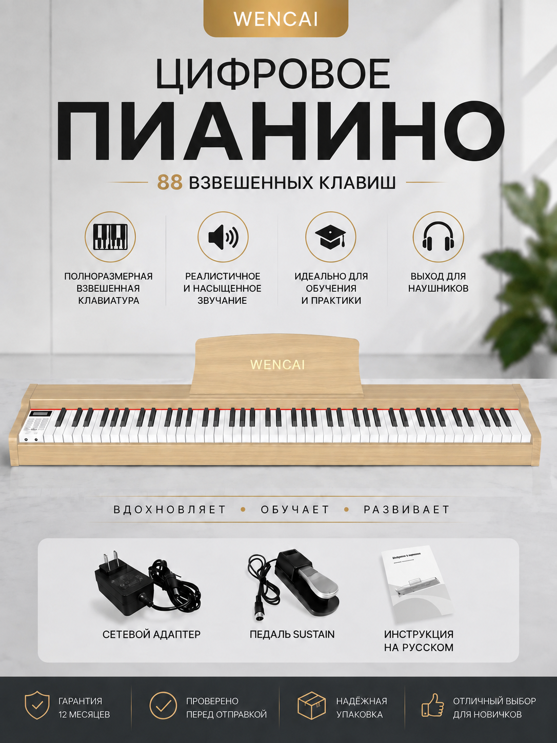 Цифровое пианино WENCAI, 88 клавиш, полувзвешенная клавиатура, Bluetooth, USB/MIDI, для обучения и дома
