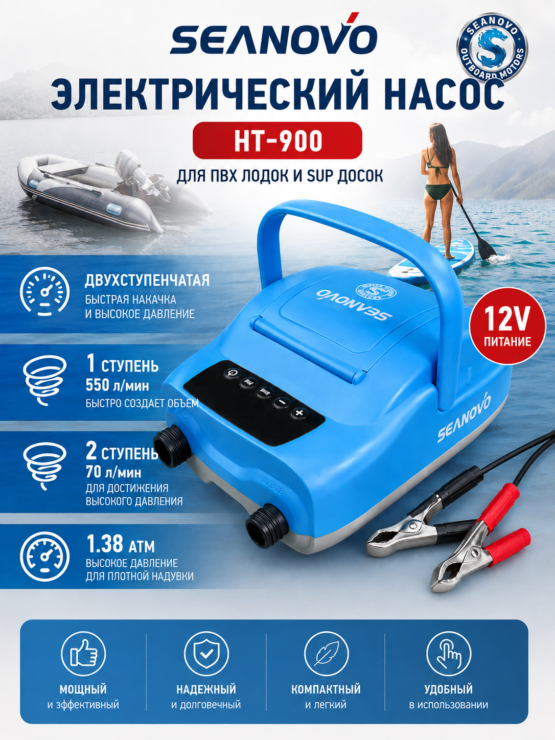 Насос электрический Seanovo HT-900 для ПВХ лодок / SUP досок
