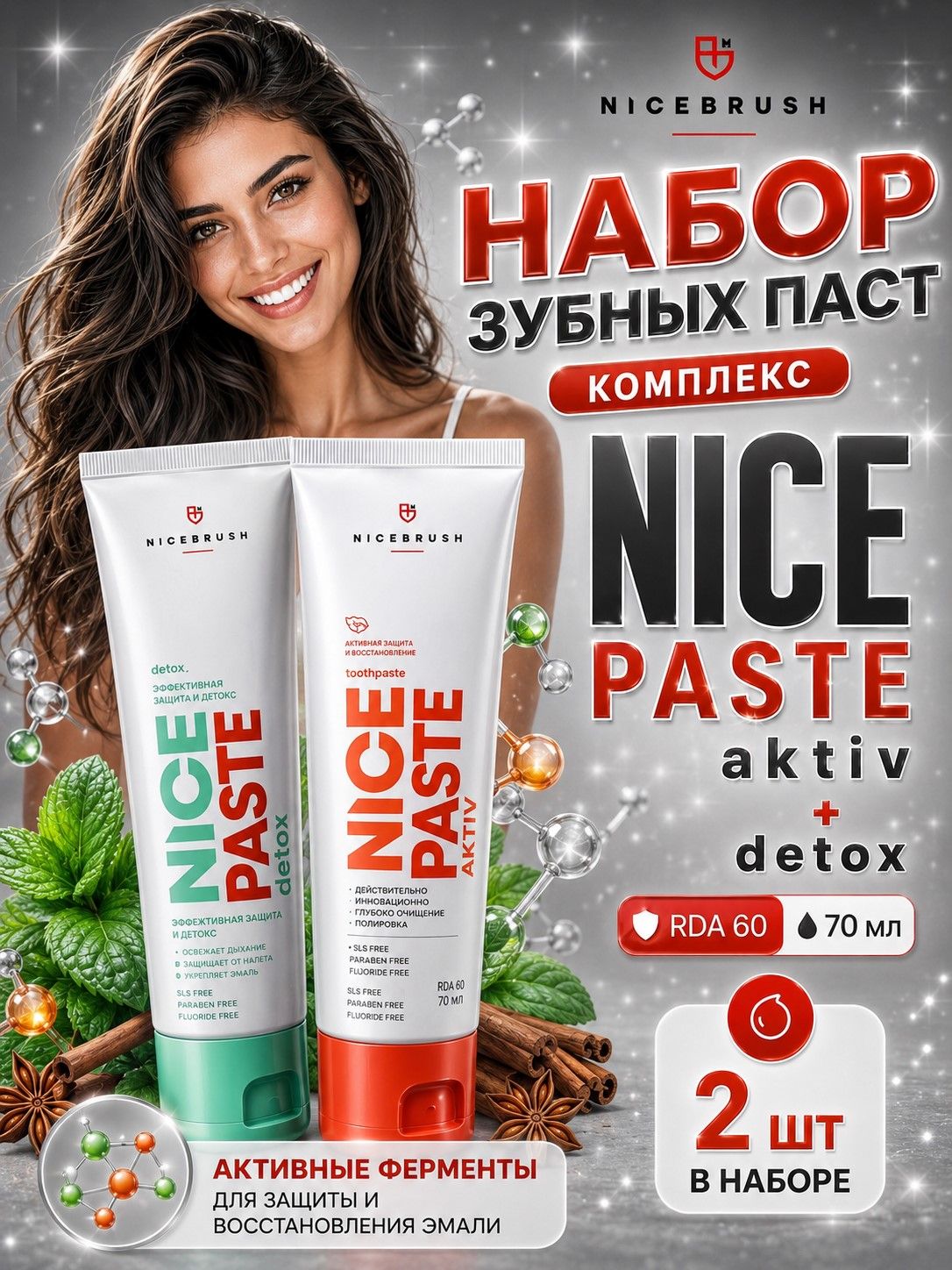Профессиональная зубная паста для чувствительных зубов и десен NICE PASTE DETOX + зубная паста с ферментами NICE PASTE AKTIV / противовоспалительная, от кариеса, без фтора. 70мл