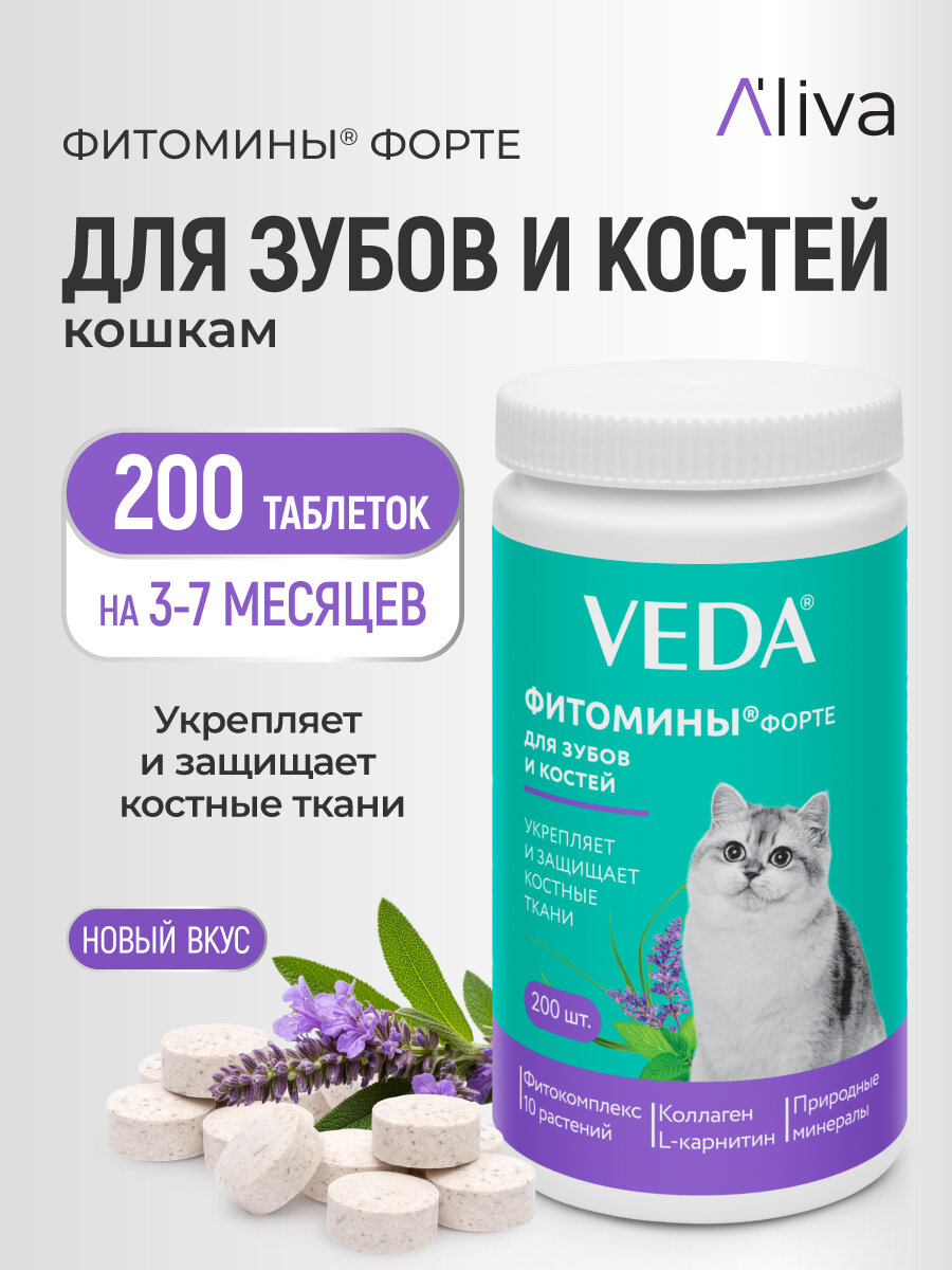 Комплекс для зубов и костей кошек фитомины форте на основе растительных, минеральных и биоактивных веществ, VEDA 200 таб.