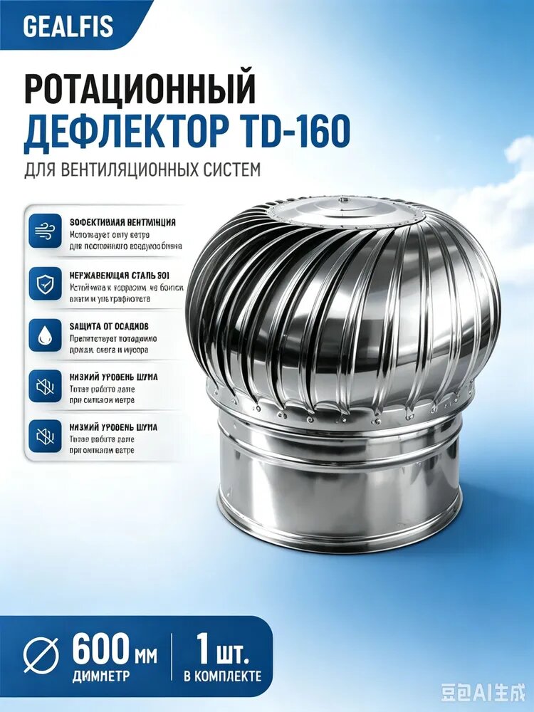 GEALFIS Ротационный дефлектор TD-160, Нержавеющая сталь марки 201, антикоррозийный, энергонезависимый, для вентиляционных систем, диаметр 600 мм, 1 шт