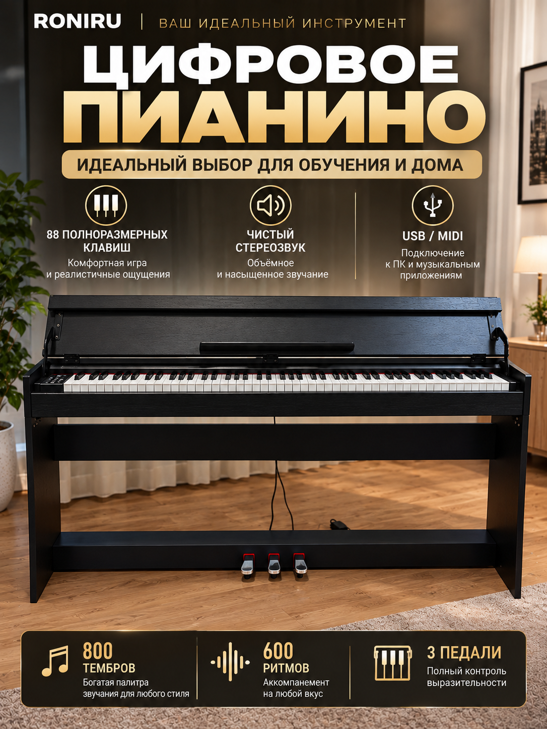 Цифровое пианино 88 клавиш с чувствительностью к нажатию, 3 педалями, USB/MIDI, стереозвуком и разъемом для наушников
