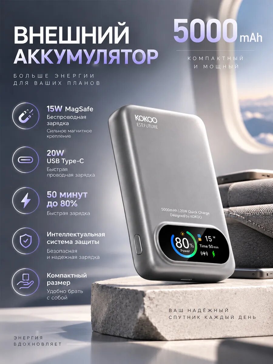 Повербанк 5000 мАч портативный power bank с быстрой зарядкой магнитный power bank внешний аккумулятор для телефона