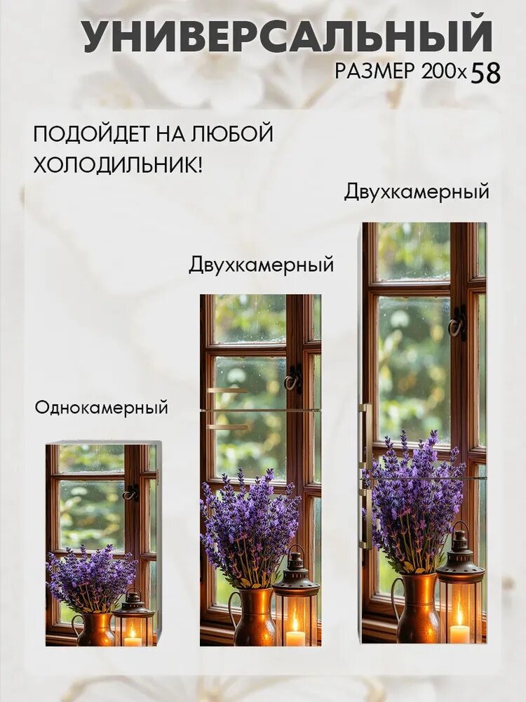 Магнит для холодильника с лавандой и свечой у окна в деревенском стиле