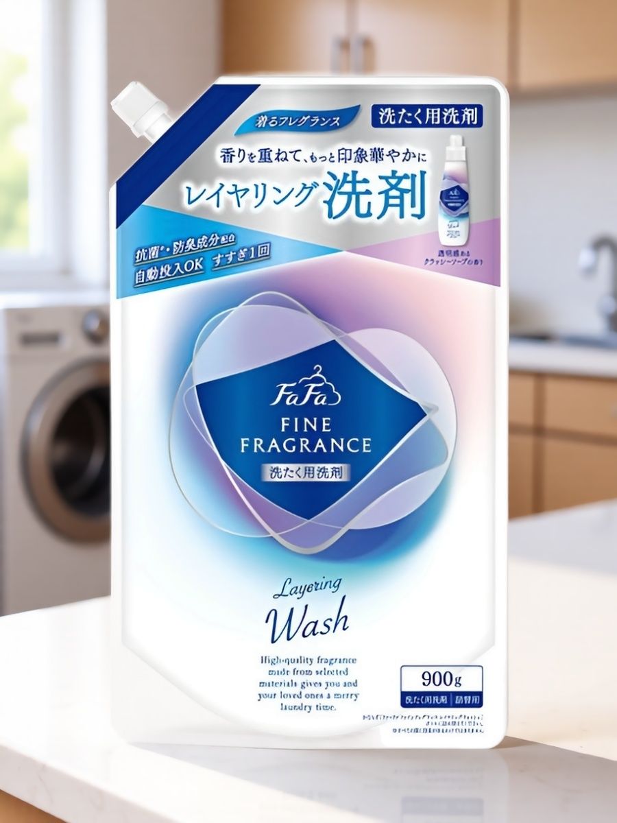 Жидкое жидкое ароматизированное средство для деликатной стирки "FaFa Fine Fragrance" с эффектом наслоения аромата мыла, цитрусов и цветов 900 г, сменная упаковка. Япония.