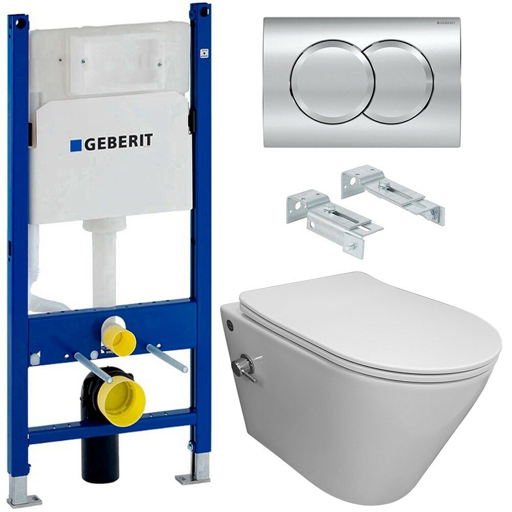 Инсталляция Geberit 458.149.21.1 + кнопка смыва Delta01 115.107.21.1 + унитаз Bloomix Enjoy AD1304SB Ceramic+ безободковый с биде и смесителем