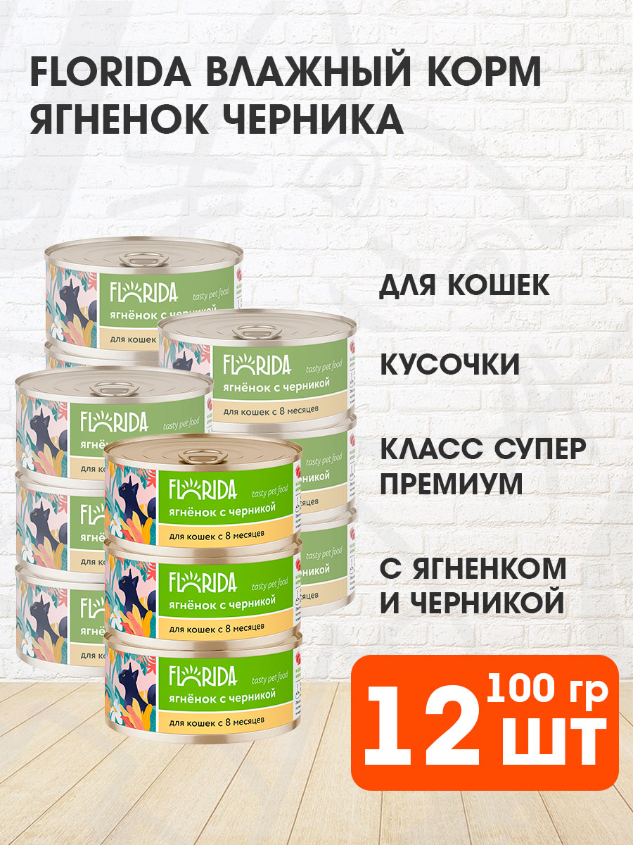 Корм влажный Florida для взрослых кошек, ягненок и черника, 100 г 12 шт
