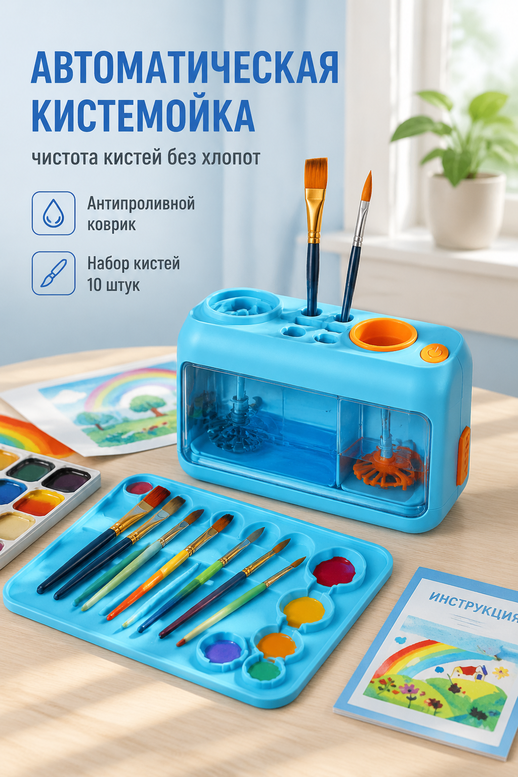 Автоматическая кистемойка с антипроливным ковриком и набором кистей, голубая, 250 мл