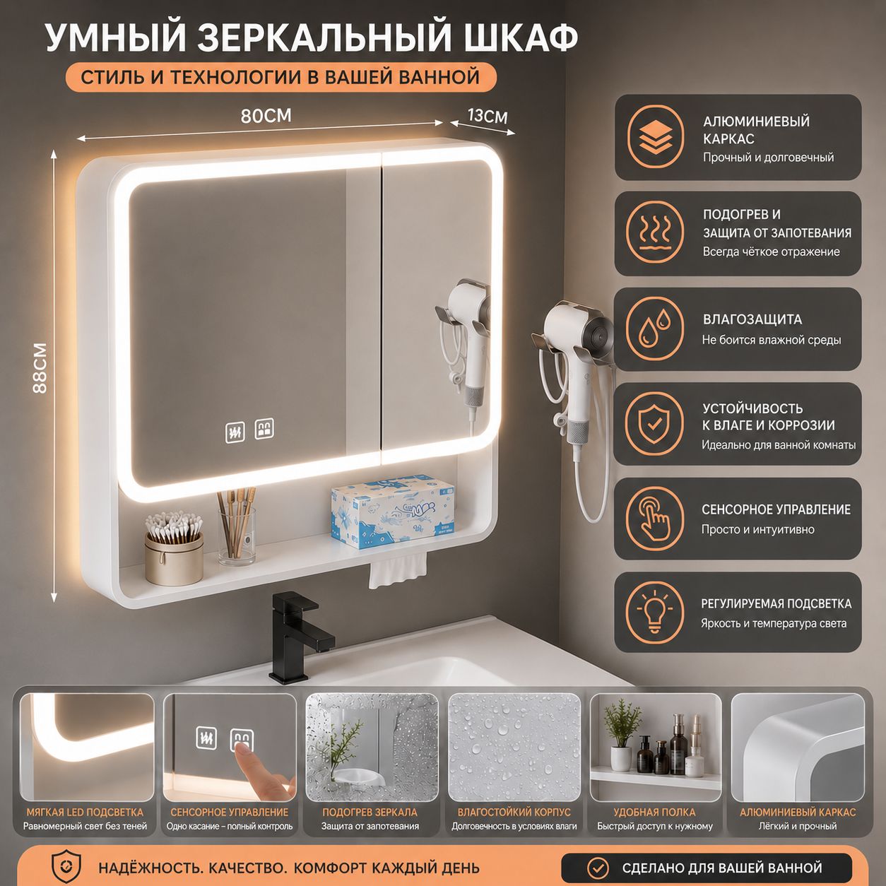 Умный зеркальный шкафчик для ванной комнаты из алюминиевого сплава, угол наклона дуги, регулируемая подсветка и функция защиты от запотевания,88,80, белый,84,75