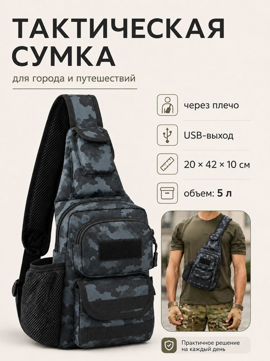 Сумка тактическая через плечо, однолямочная, 5 литров, с USB-выходом, синий мультикам